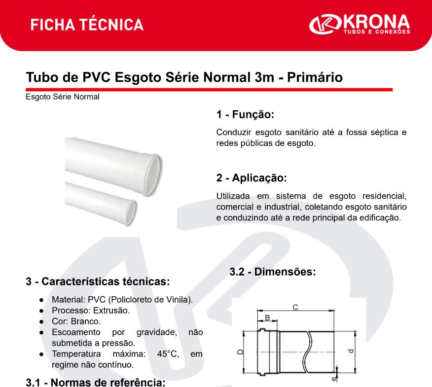 Ficha Técnica – Tubo de PVC Esgoto Série Normal 3m - Primário - Krona