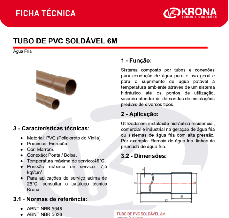 Ficha Técnica - Tubo de PVC Soldável 6M - Krona